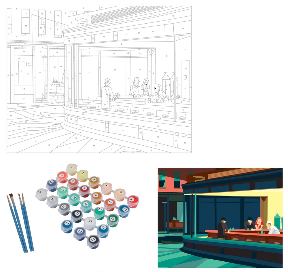 Seurat, Coloring, Edward Hopper - Nighthawks - Veli store