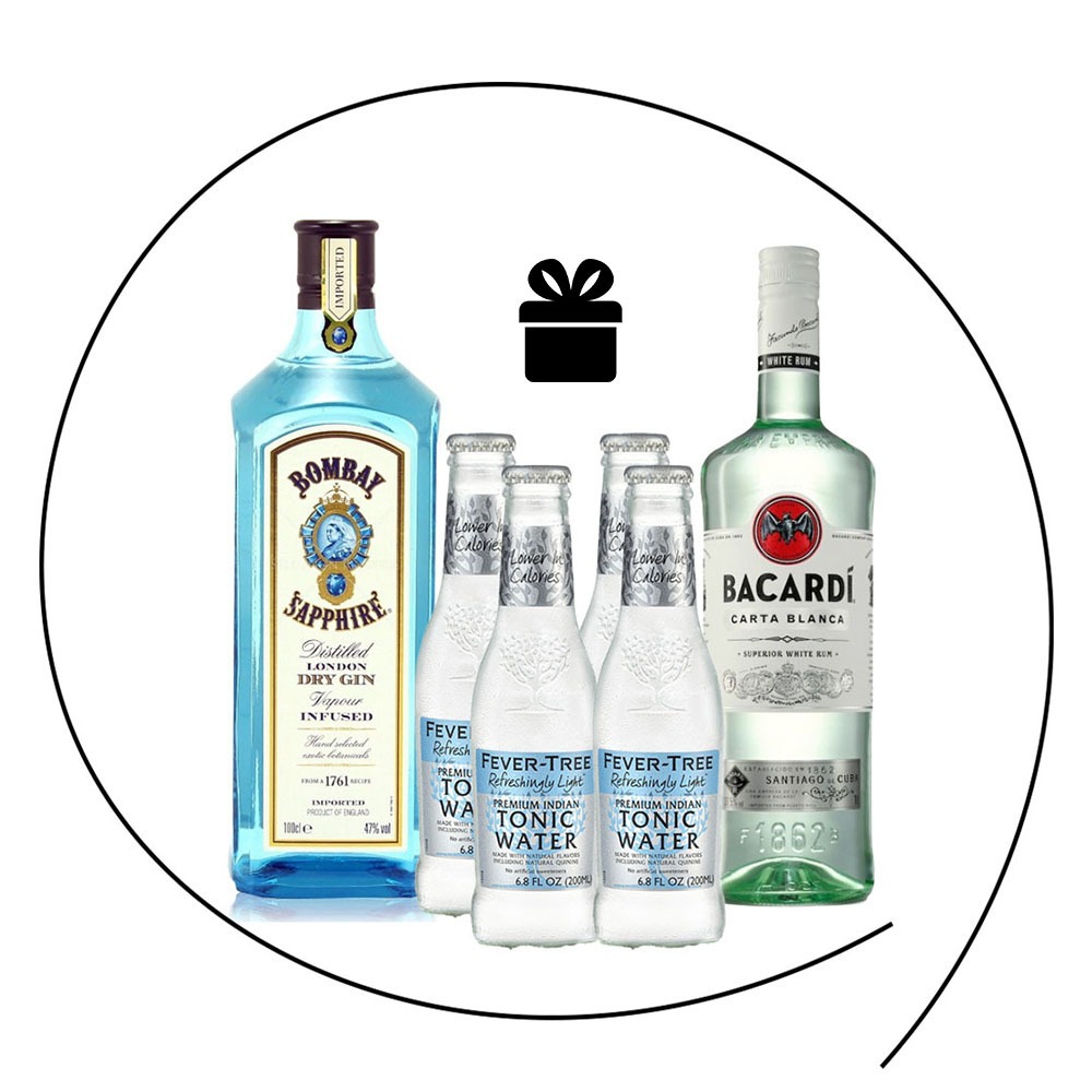 Bacardi რომი, 1 ლ, Bombay ჯინი, 1 ლ, + საჩუქრად Moonwalker, ტონიკი, 4 ც ...